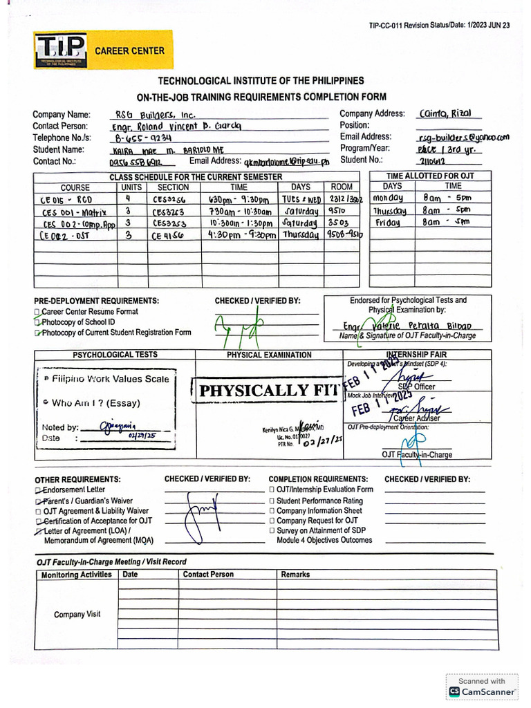 CE022 - OJT Completion Form - BARTOLOME, Kaira Mae | PDF