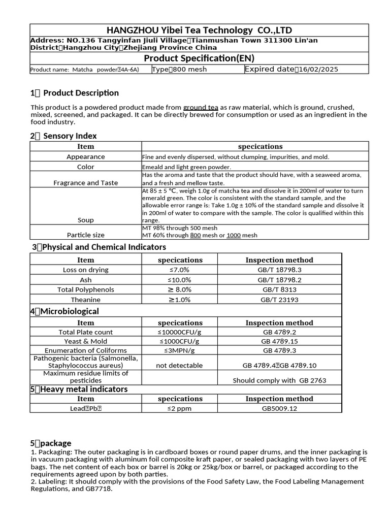 (3A 6A) Product Specification Matcha (En) | PDF | Tea