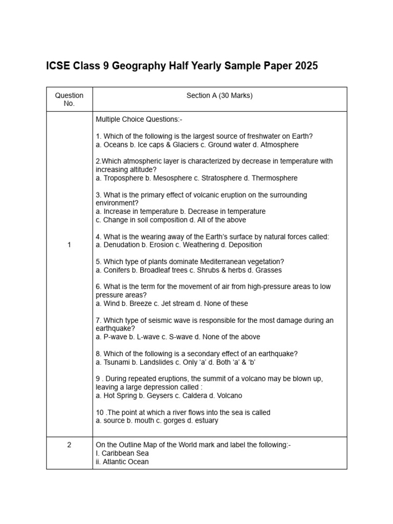 ICSE Class 9 Geography Sample Paper 2025 | PDF | Atmosphere Of Earth ...