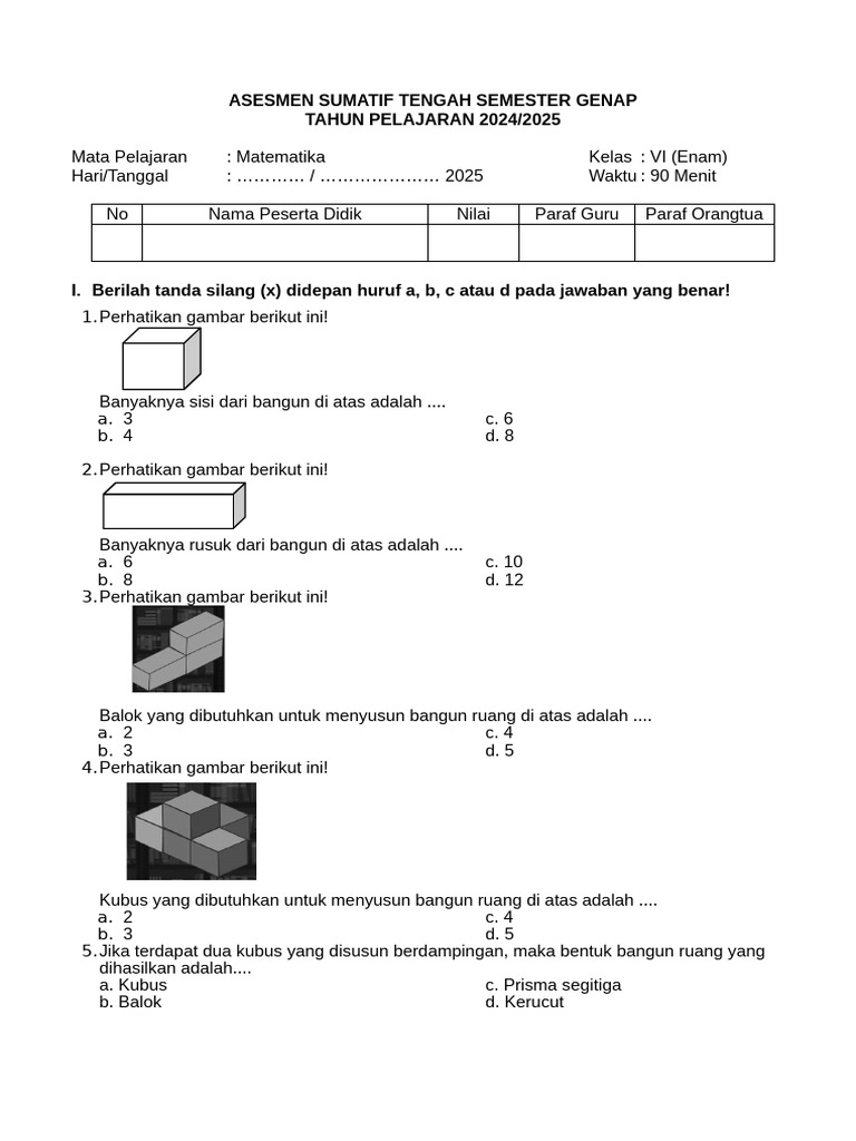 Soal STS MTK Kelas 6 Semester 2 2025 | PDF