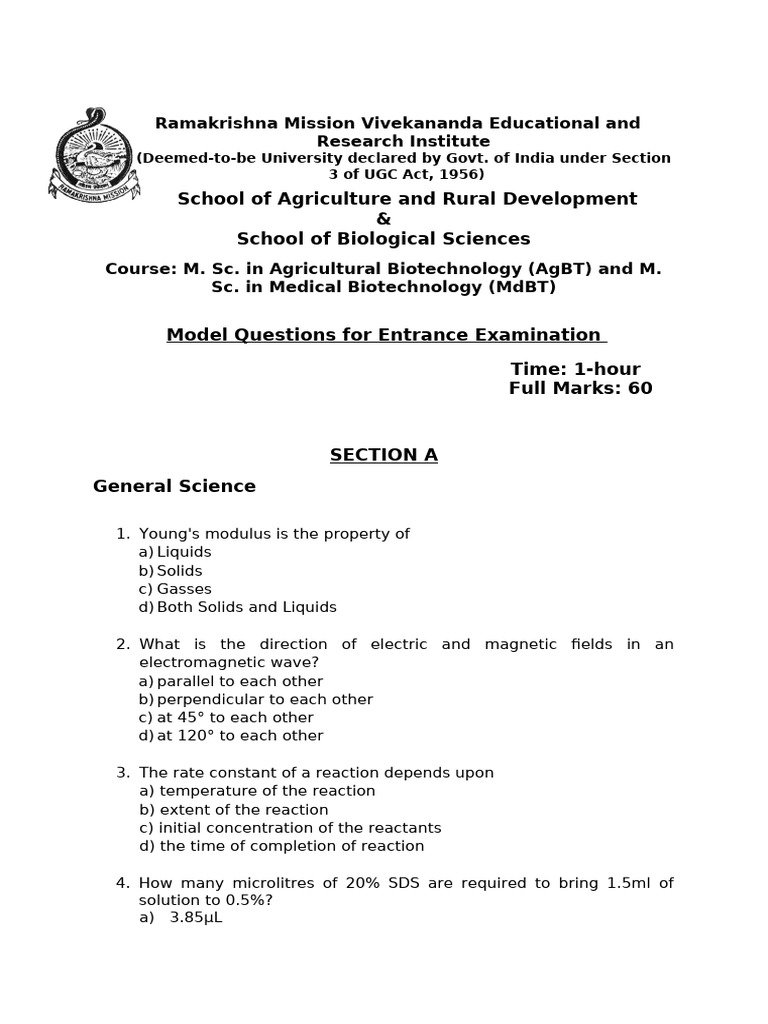 Model Questions For Biotechnology Entrance Exam 2023 | PDF | Molecular ...