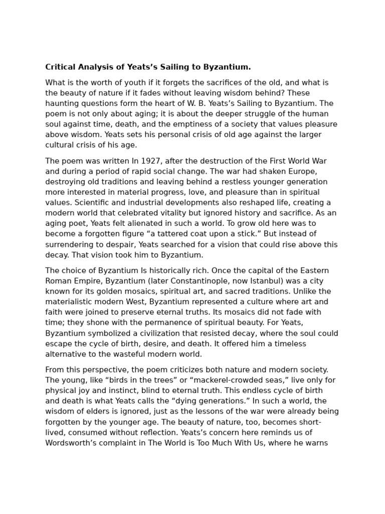 Yeats's Sailing to Byzantium: A Critical Analysis | PDF | W. B. Yeats