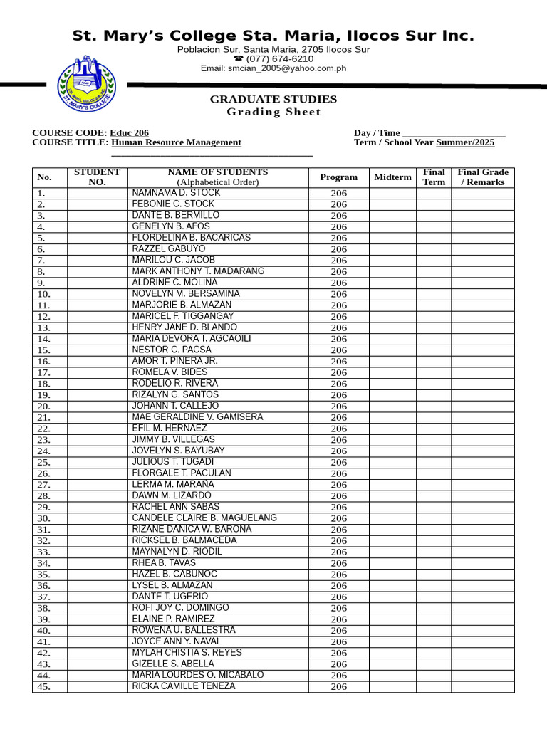 Graduate Grading Sheets for Educ 206 & 207 | PDF | Academic Degree ...