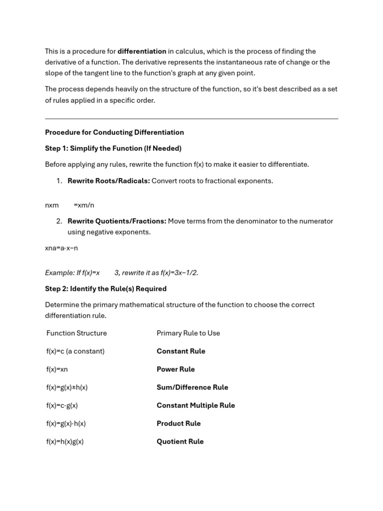Differentiation Calculus Procedure | PDF | Derivative | Function (Mathematics)