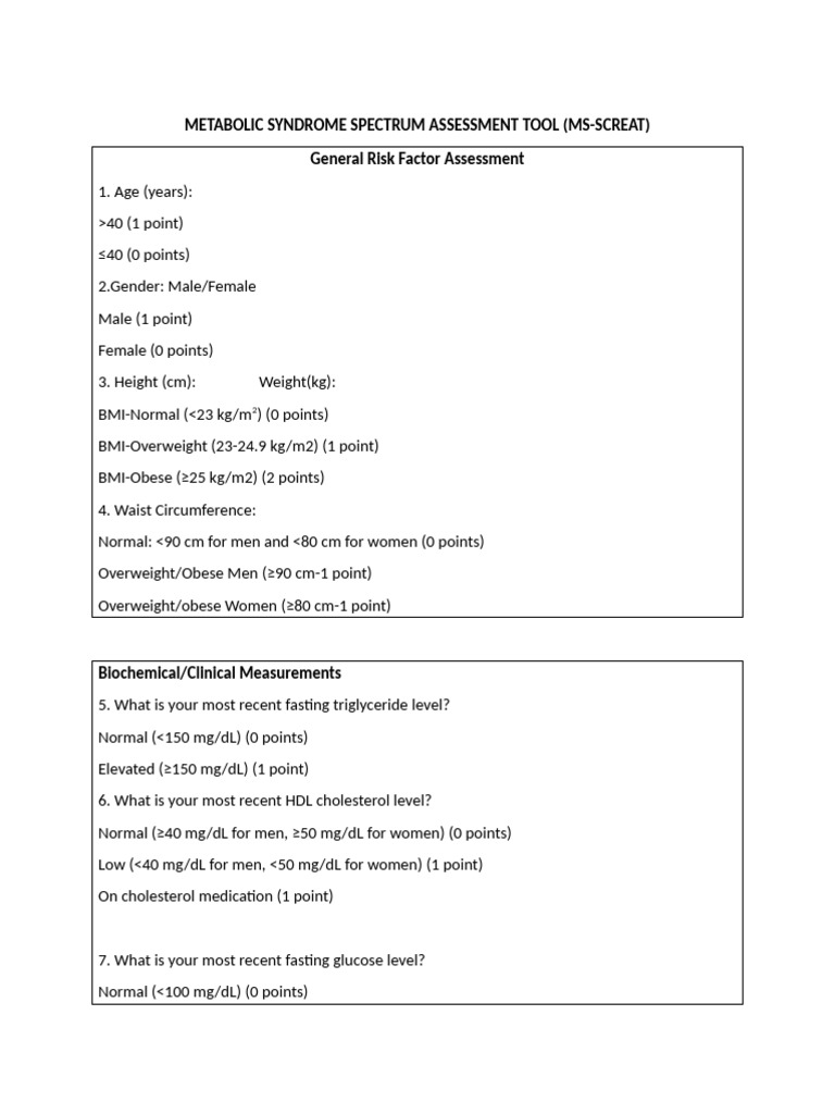 Metabolic Syndrome Risk Assessment Tool | PDF | Cardiovascular Diseases ...