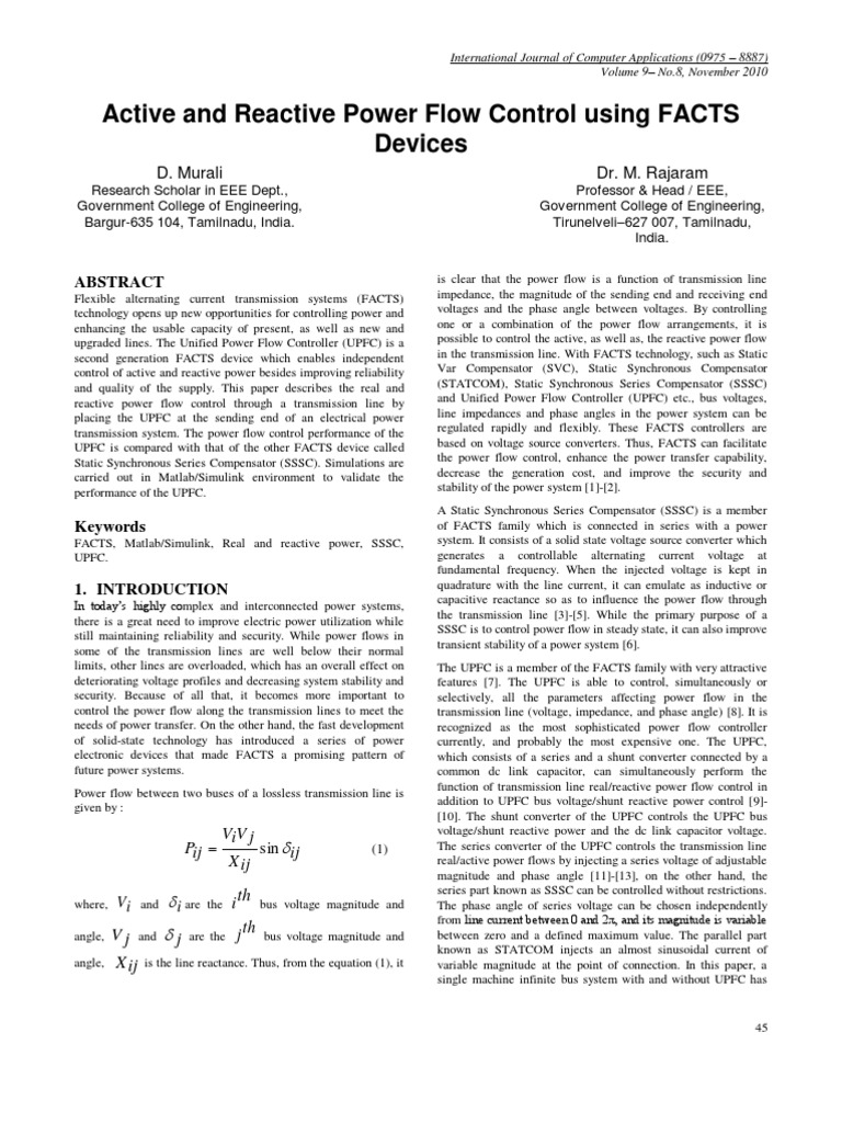 Active and Reactive Power Flow Control Using FACTS Devices: D. Murali ...