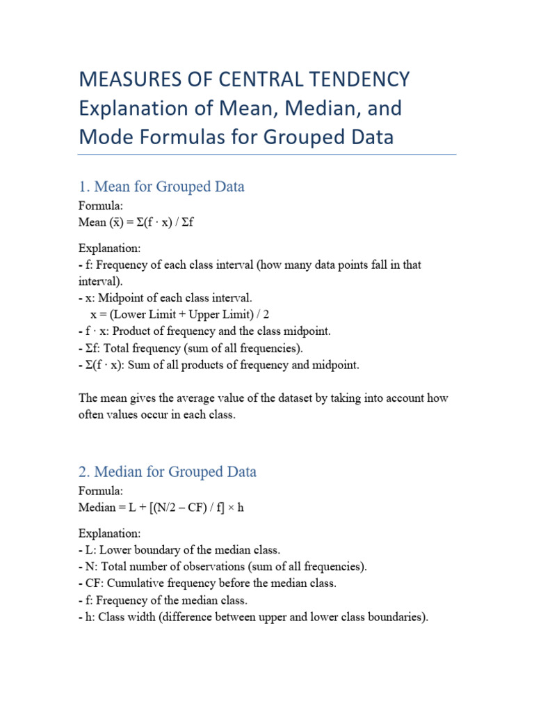 Grouped Central Tendency Notes | PDF | Mode (Statistics) | Mathematical ...