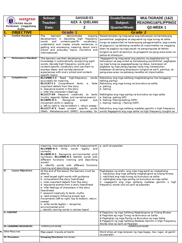 Day 2mg Lesson Plan g1&g2 - Reading&Filipino | PDF