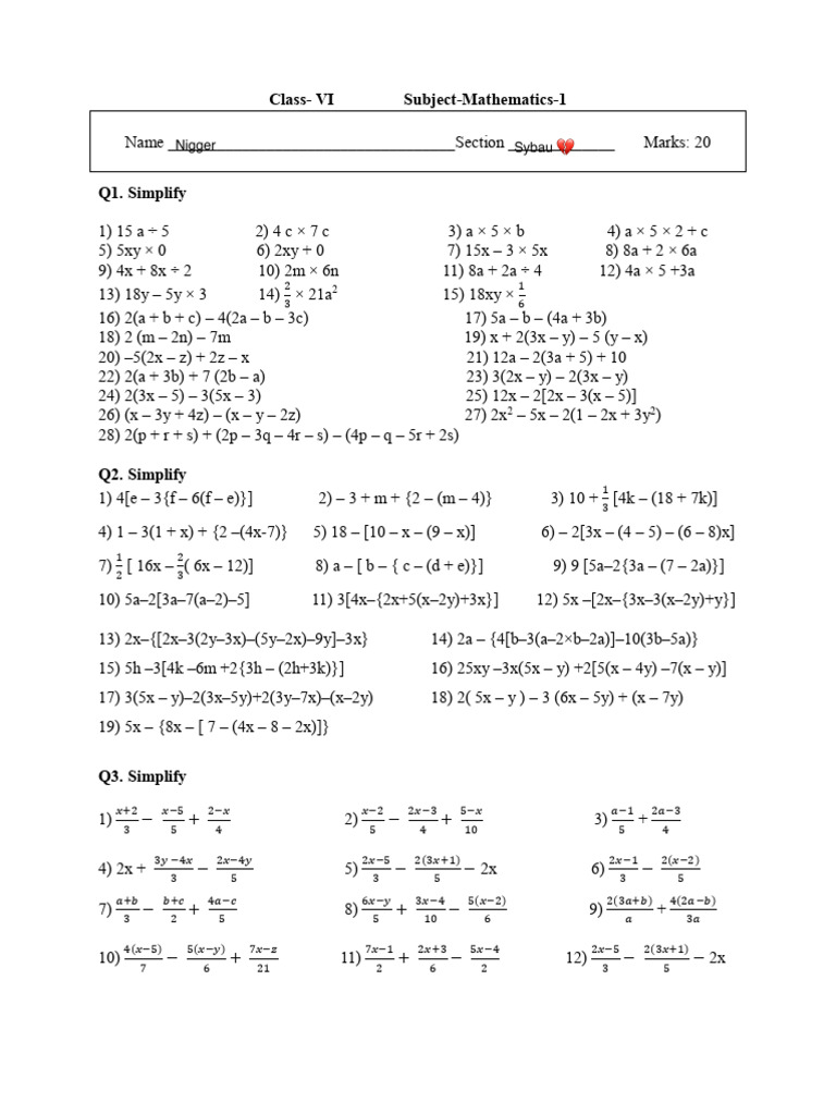 Algebra Simplification Practice Worksheet | PDF