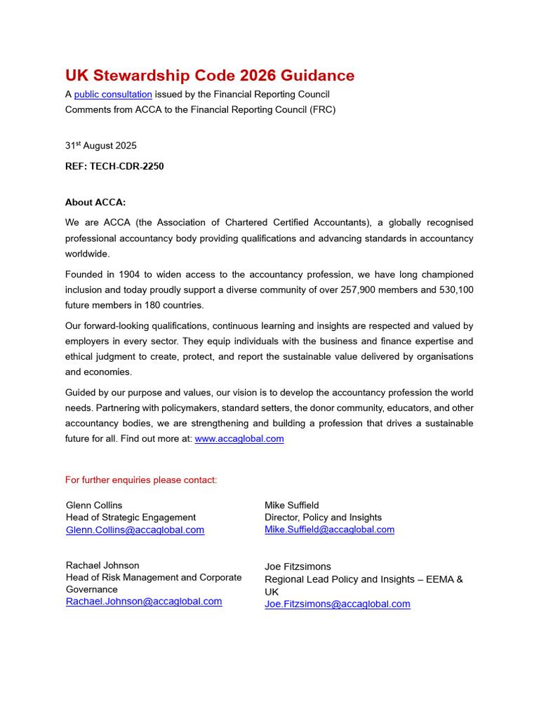 ACCA Comments on UK Stewardship Code 2026 | PDF | Governance ...