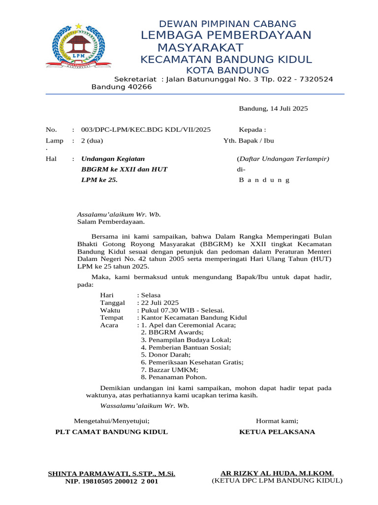Undangan BBGRM XXII & HUT LPM 25 Bandung | PDF