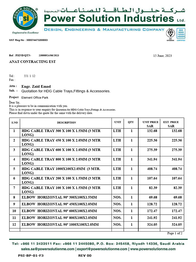 Quotation for HDG Cable Trays & Fittings | PDF | Payments | Government ...