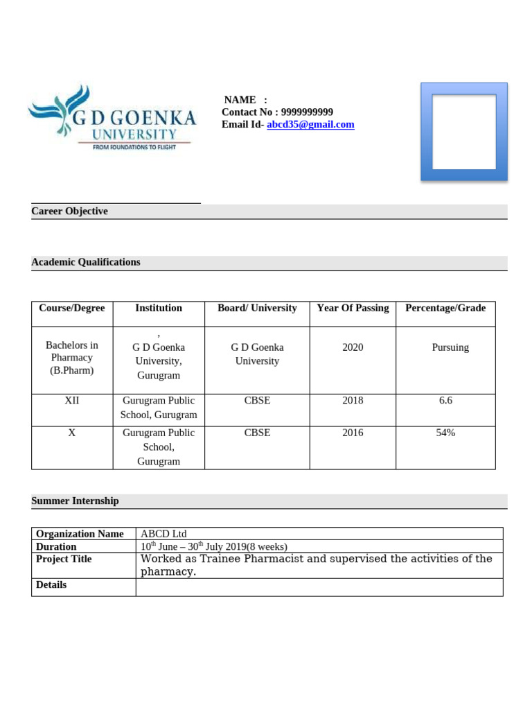 Resume Template B.pharm | PDF