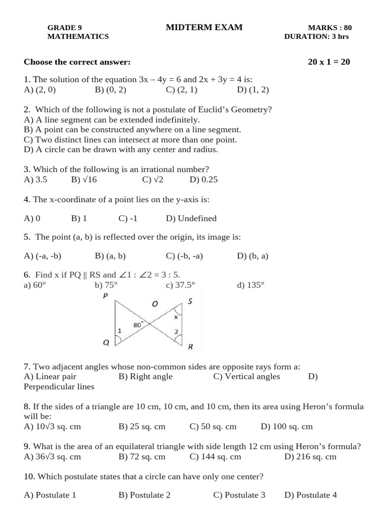 Grade 9 Mathematics Midterm Exam | PDF | Line (Geometry) | Area
