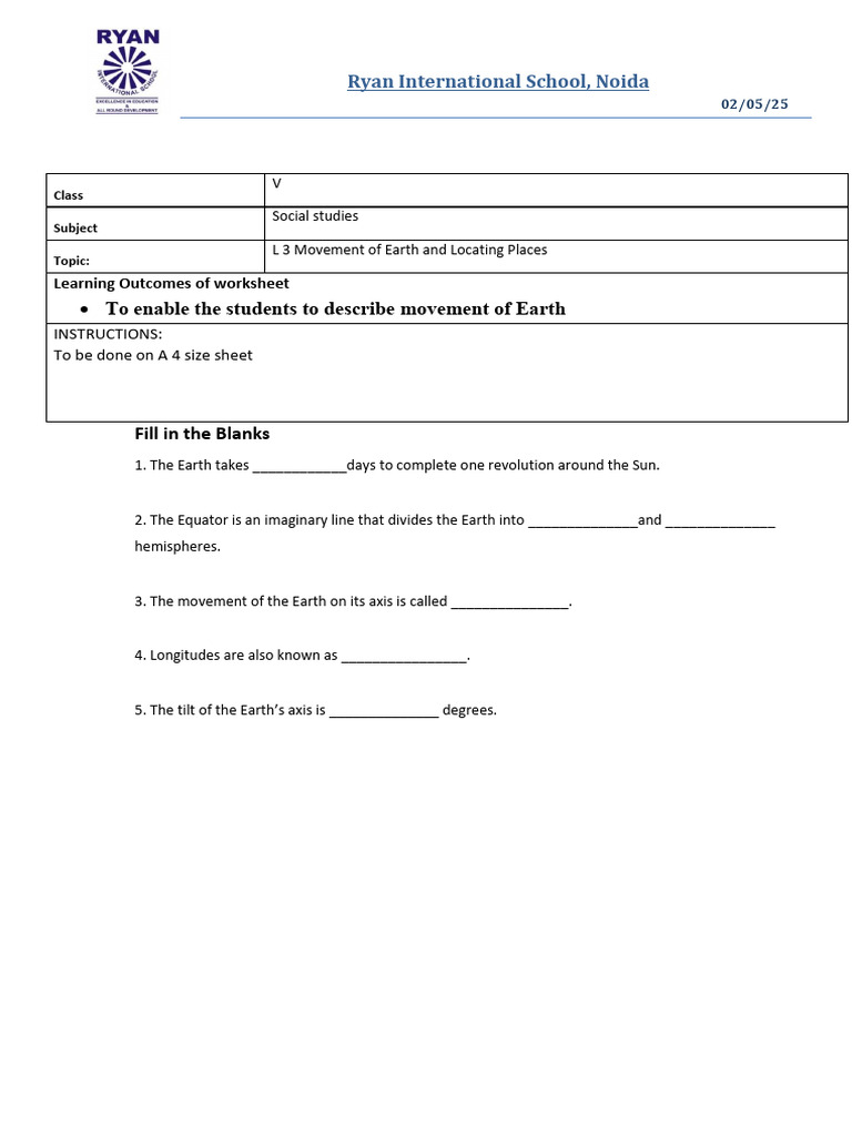 To Enable The Students To Describe Movement of Earth: Fill in The ...