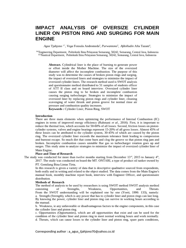 Oversized Cylinder Liner Impact Analysis | PDF | Piston | Engines