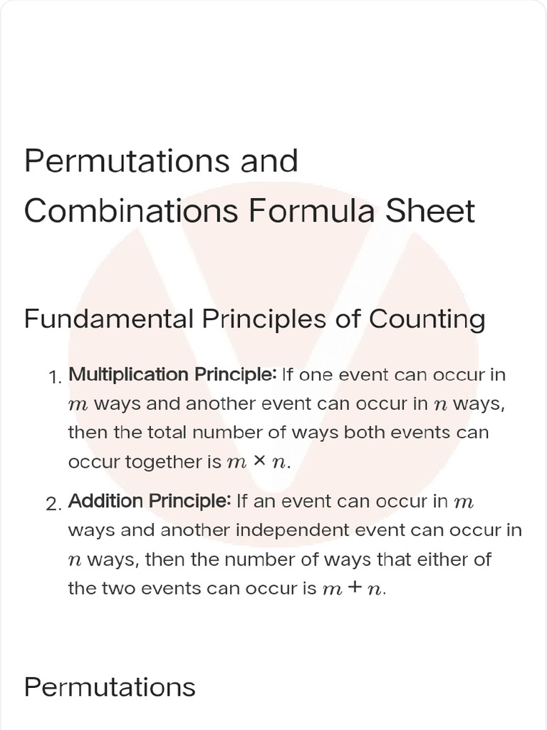 Permutations and Combinations Formula Sheet 1741331078308 | PDF