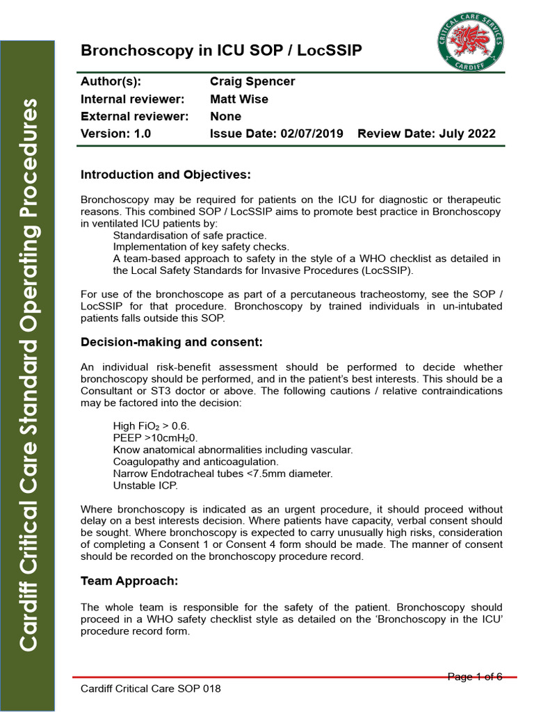 ICU Bronchoscopy SOP for Best Practices | PDF | Medical Procedures ...