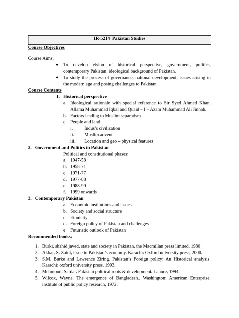 Pakistan Studies Course Overview | PDF | Pakistan | Karachi