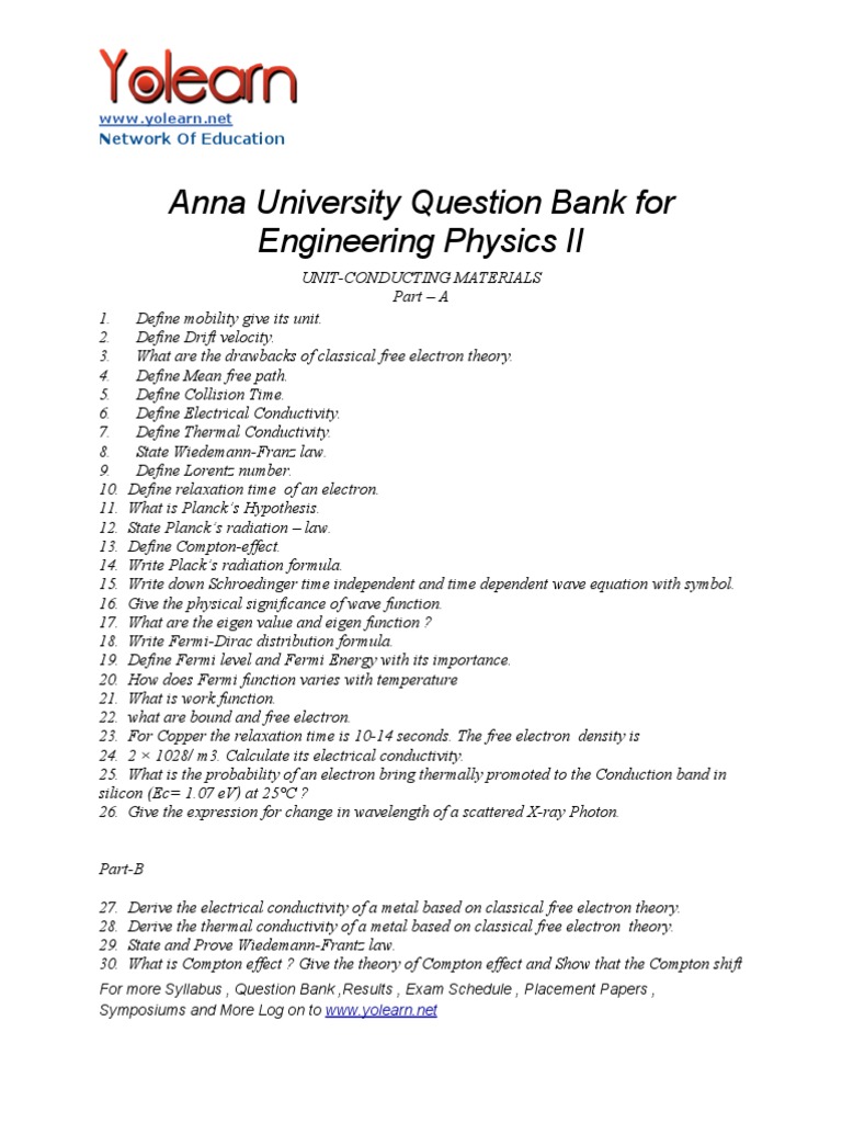 Anna University Question Bank For Engineering Physics II: Network of ...