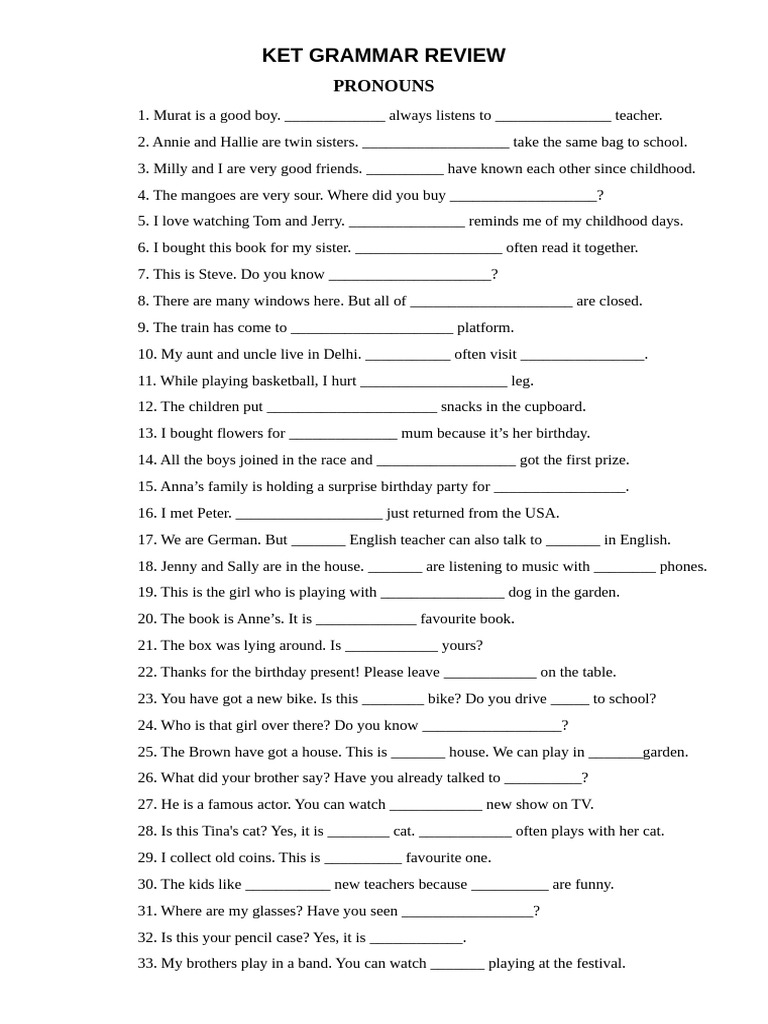 KET Grammar Review: Pronouns & Questions | PDF