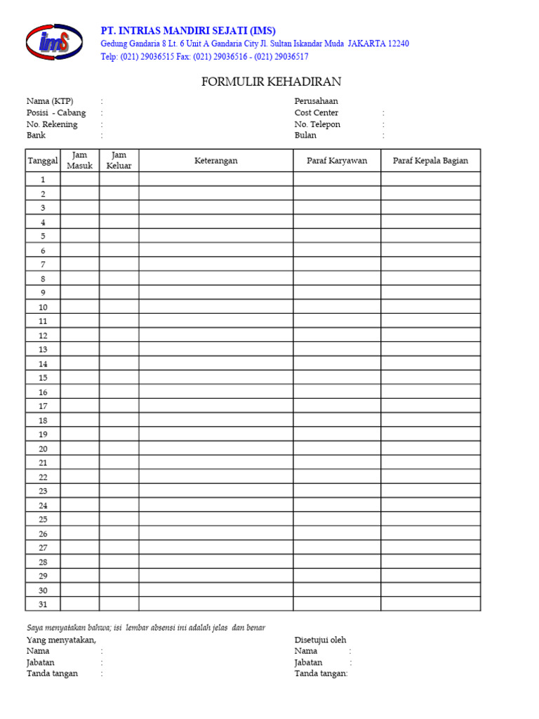 Formulir Kehadiran Karyawan IMS | PDF