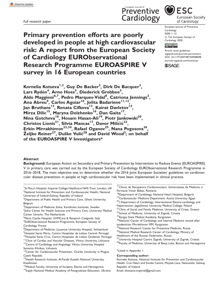 Kotseva Et Al 2020 Primary Prevention Efforts Are Poorly Developed in ...