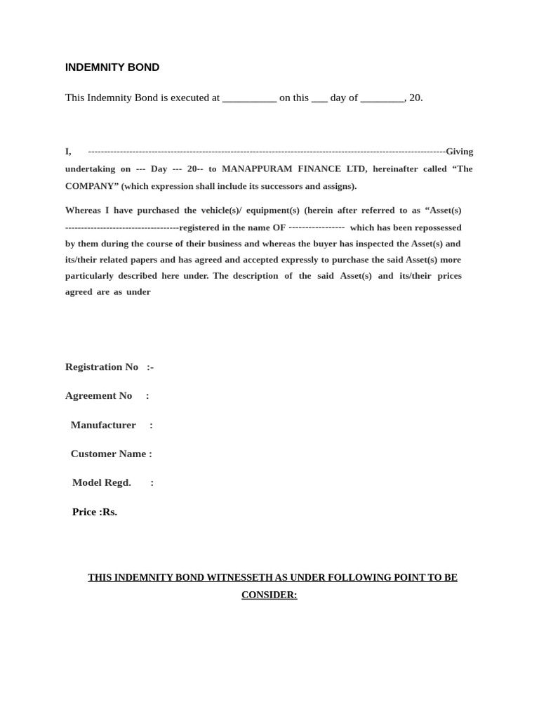 Indemnity Bond - 1-Repo Sale New | PDF | Indemnity | Private Law