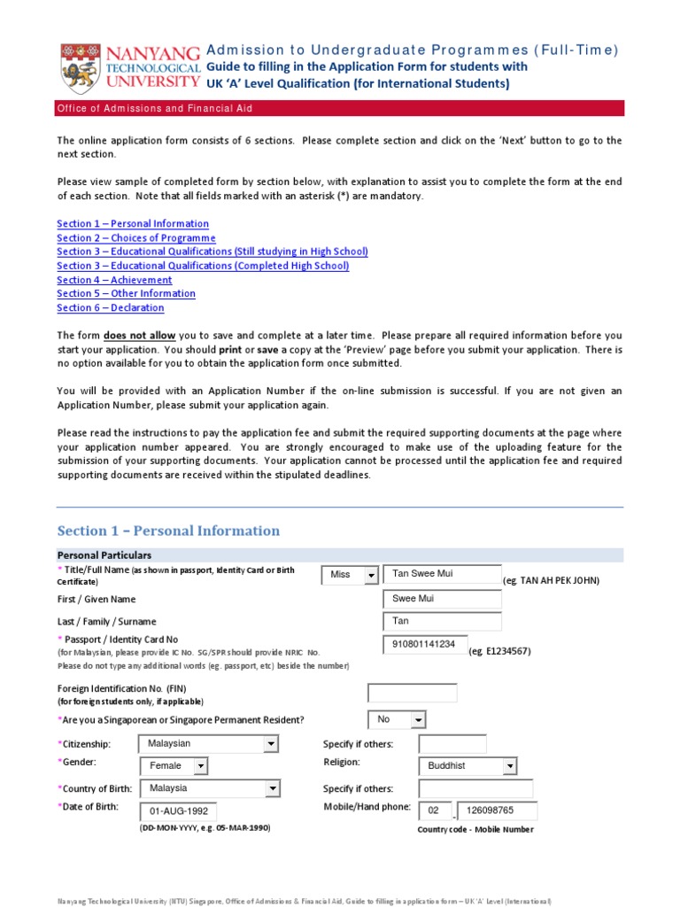 Application Form For Ntu | PDF | Secondary School | Advanced Placement