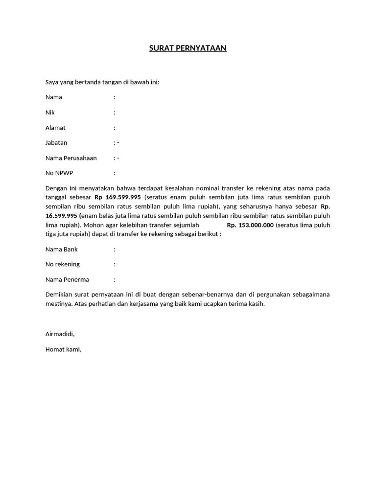 Surat Pernyataan Kelebihan Transfer | PDF