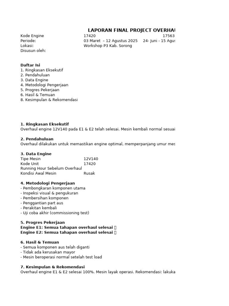 Laporan Overhaul Engine 12V140 Selesai | PDF
