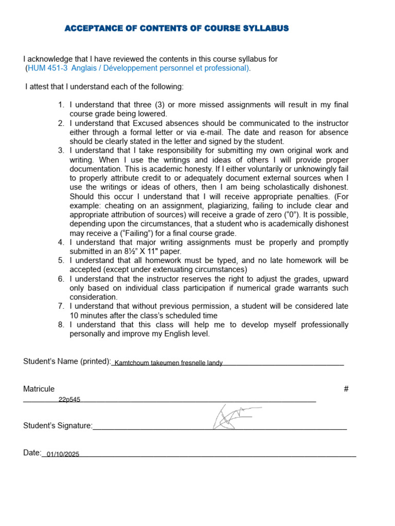 Assignment 1, Acceptance of Contents of Course Syllabus | PDF | Chess ...