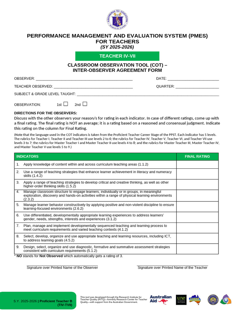Inter-Observer Agreement Form for COT | PDF | Teachers | Learning