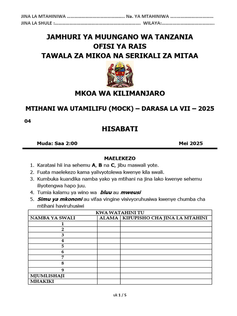 Hisabati Vii Exam | PDF