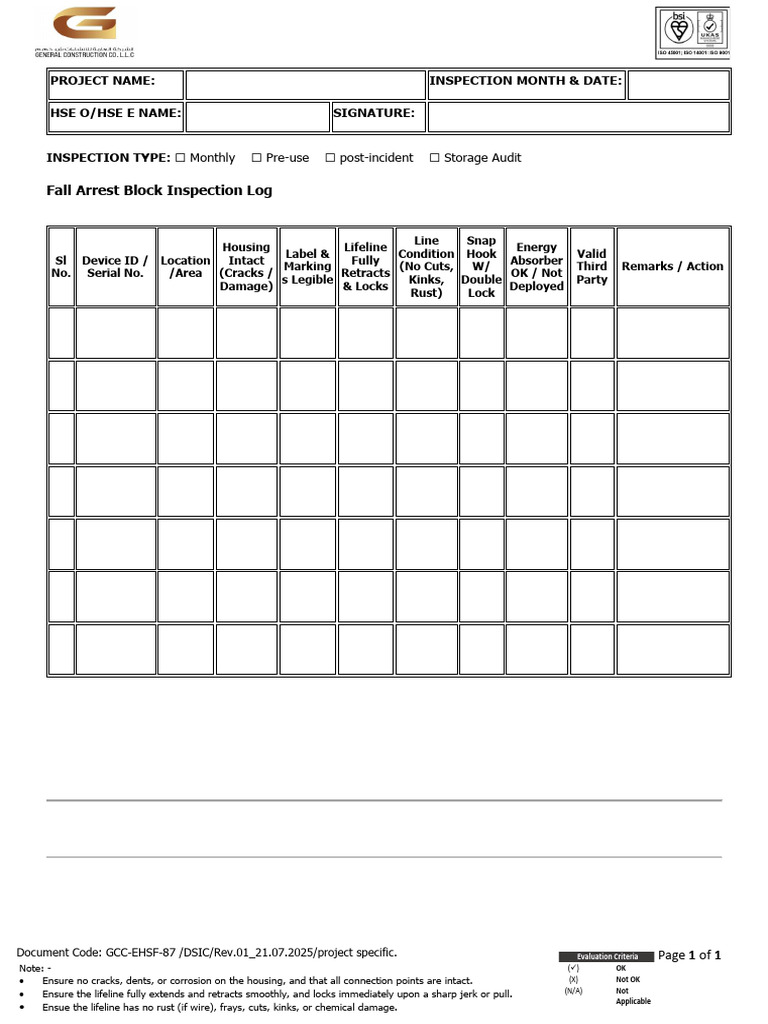 Retractable Fall Arrest Blocks INSPECTION CHECKLIST | PDF