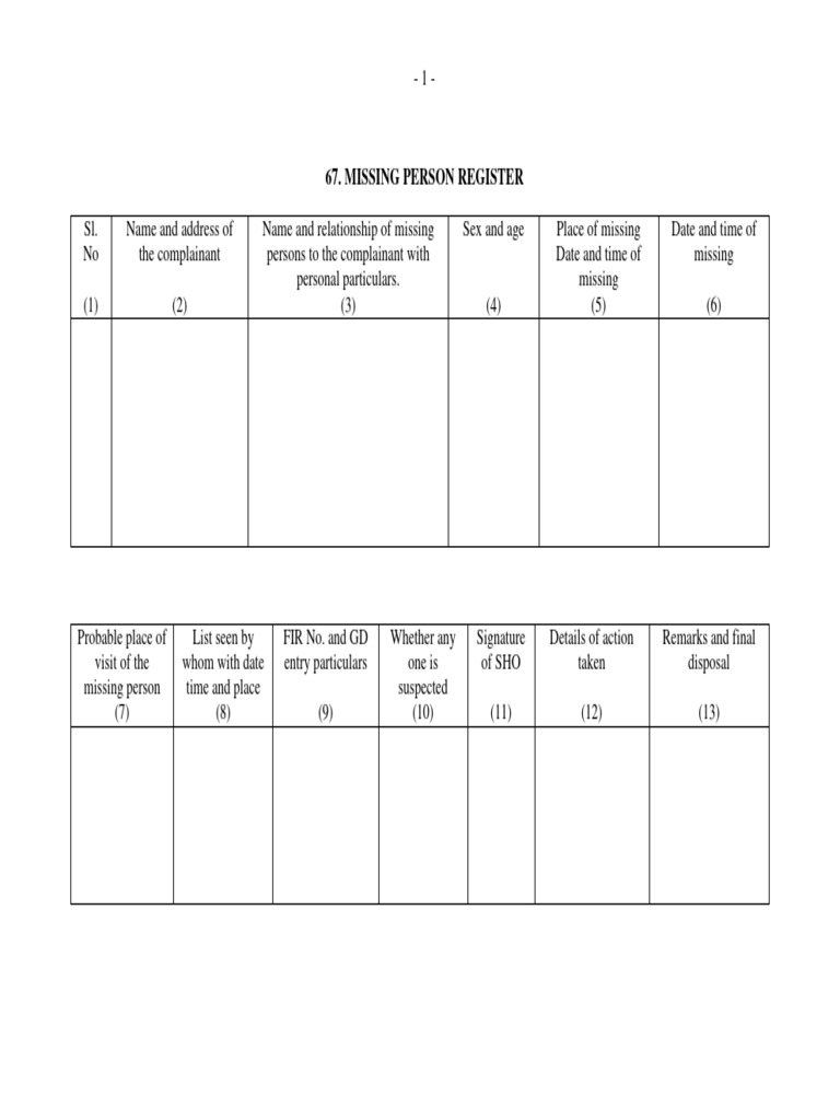 Form 67. Missing Person Register | PDF