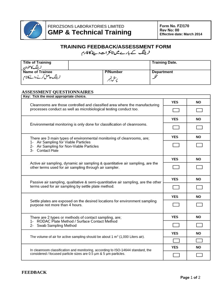 Cleanroom Training Feedback Form | PDF | Environmental Monitoring