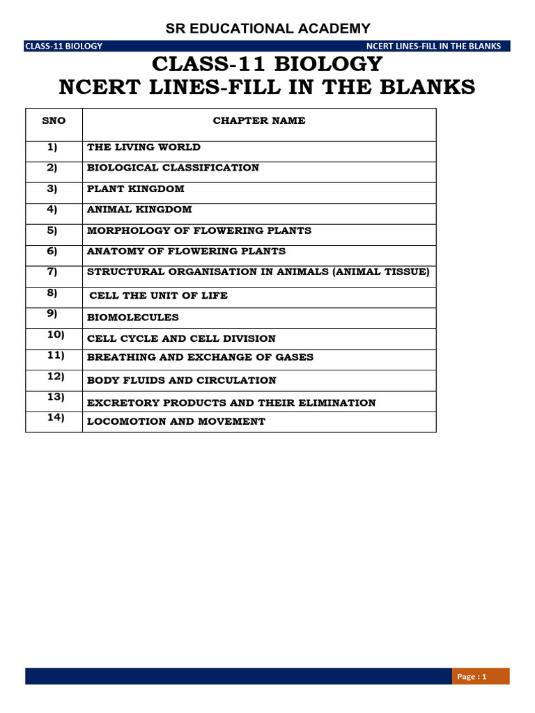 Class 11 Biology Ncert Lines Fill in The Blanks | PDF | Fungus | Fern