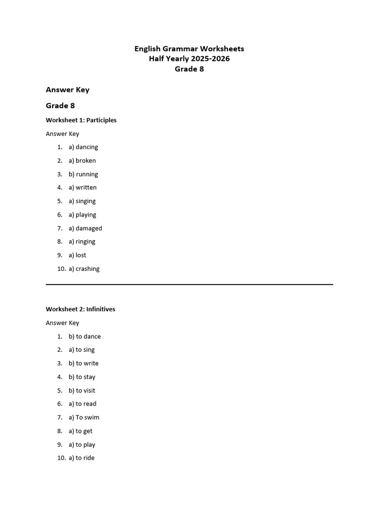 Worksheets Answer Key Grade 8 English Grammar Worksheet HY 2025-2026 | PDF