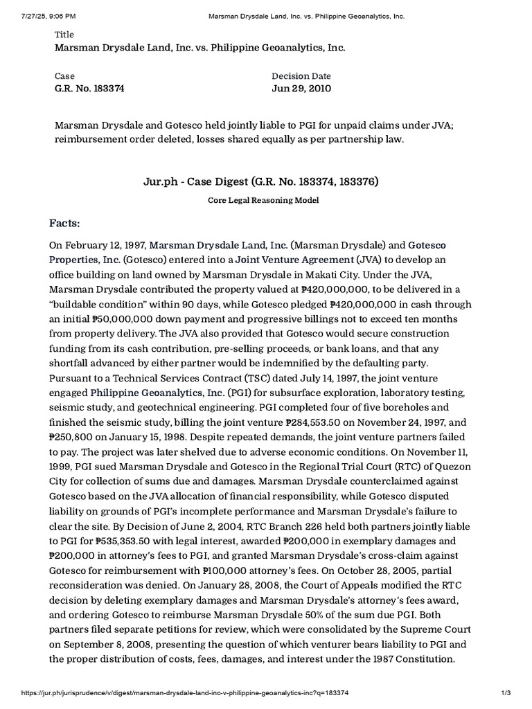 Marsman vs. Philippine Geoanalytics Case | PDF | Partnership | Damages
