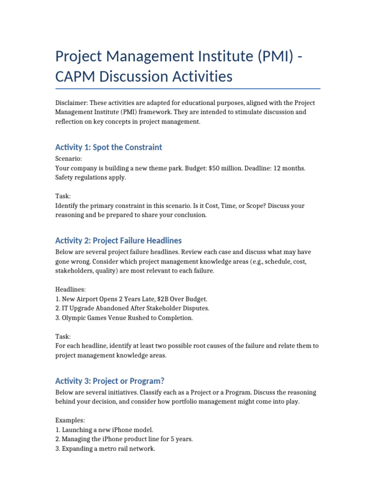 CAPM Discussion Activities for Project Management | PDF