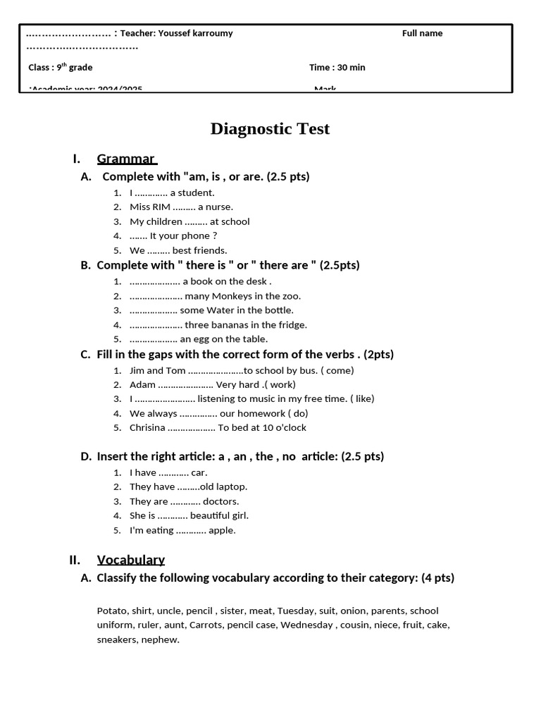 Diagnostic Test For 9th Grade-1 | PDF | Linguistics