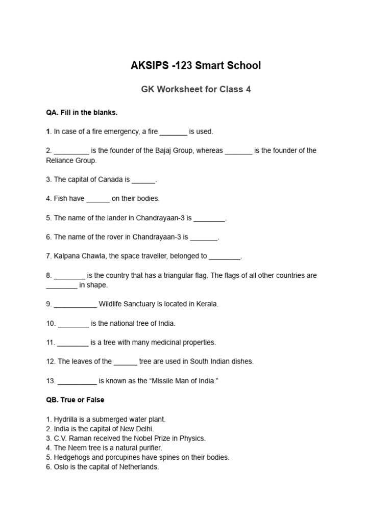 Class 4 GK Worksheet: Fill in Blanks & True/False | PDF