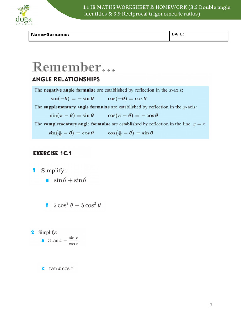 IB Maths Worksheet: Trigonometric Identities | PDF | Trigonometry | Angle