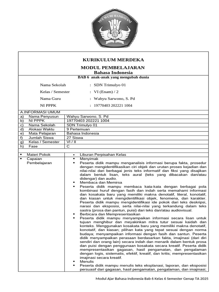 Modul Ajar Bab 6 B. Indo k6 Print | PDF