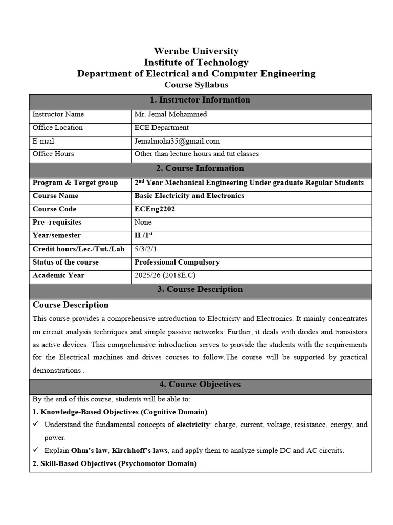 Course Outline Basic Electricity and Electronics | PDF | Diode | Electrical Network