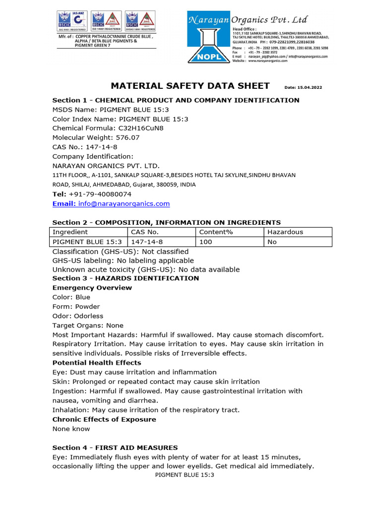 Pigment Blue 15.3 MSDS N5518 | PDF | Dangerous Goods | Personal ...