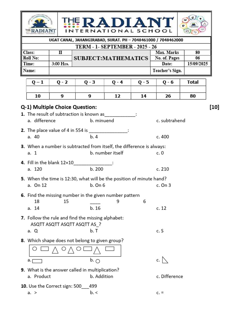 Maths Sample Question Paper For Grade 2 Cbse | PDF | Subtraction ...