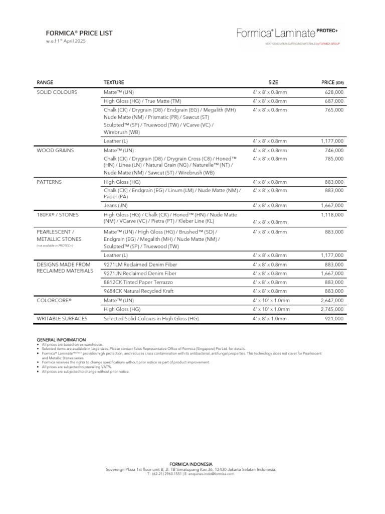 Formica HPL Price List FINDO - 4x8 General | PDF