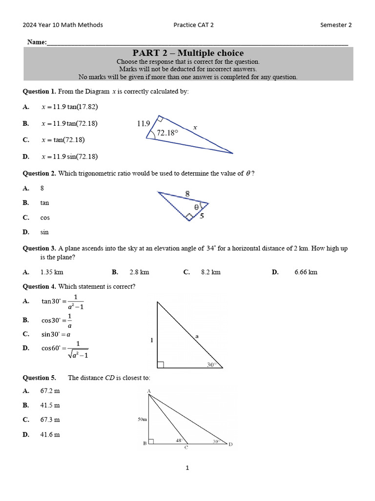 Year 10 Math Methods Practice CAT 2 | PDF | Trigonometry | Elementary ...